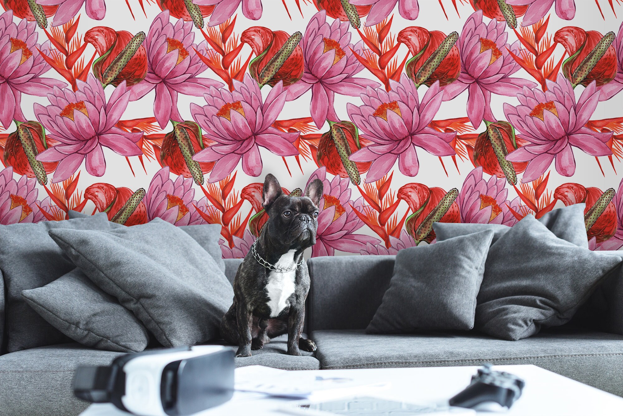 Watercolor Floral Wallpaper With Big Pink Water Lily Flowers, Wall ...