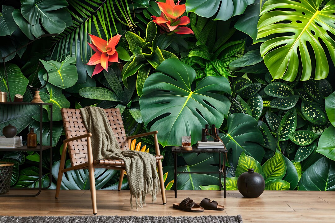 Tropical Leaves and Flowers Botanical Wallpaper Mural, Removable Peel ...