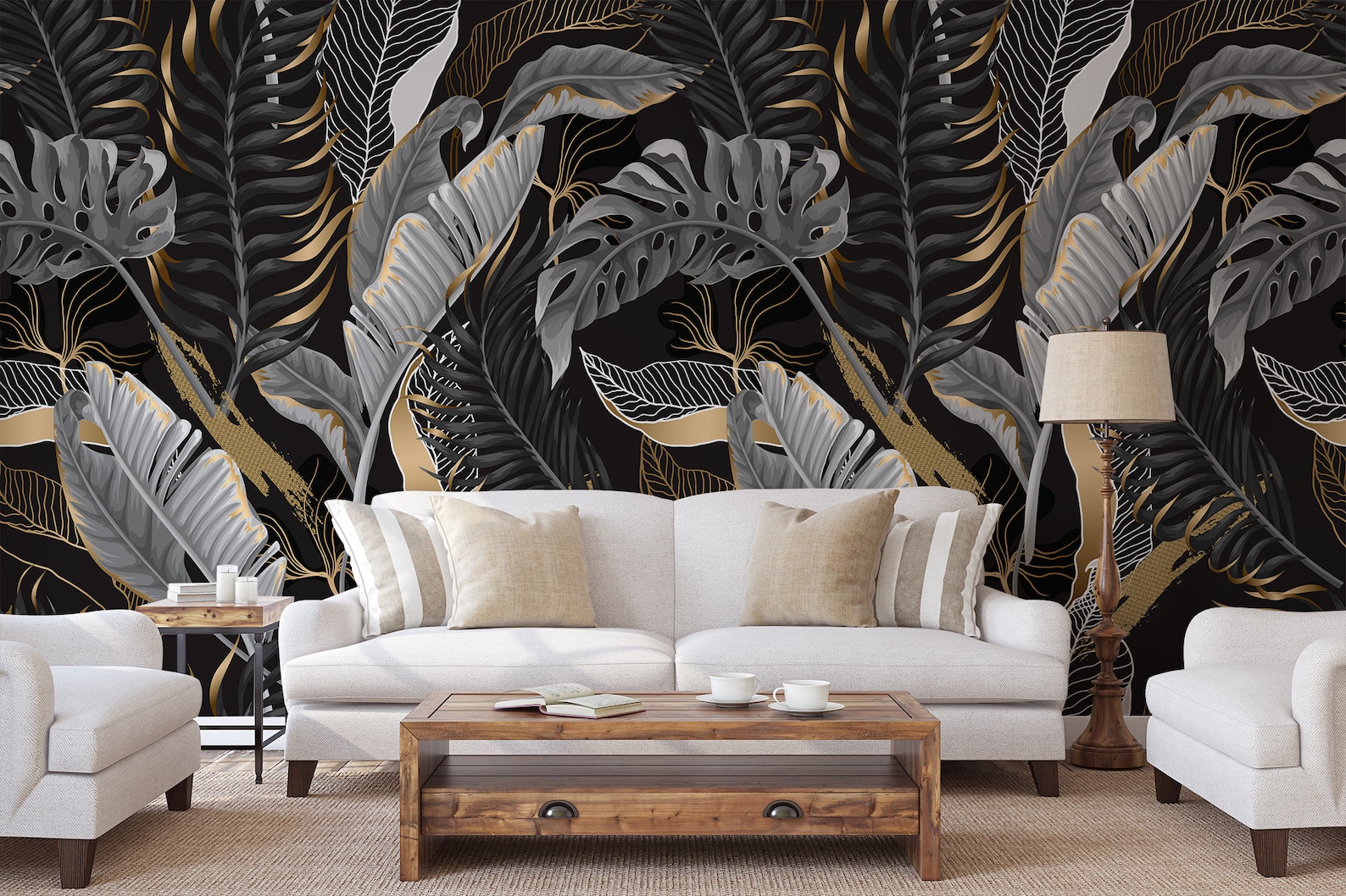 Wallpaper With Black and White Tropical Leaves and Golden - Etsy