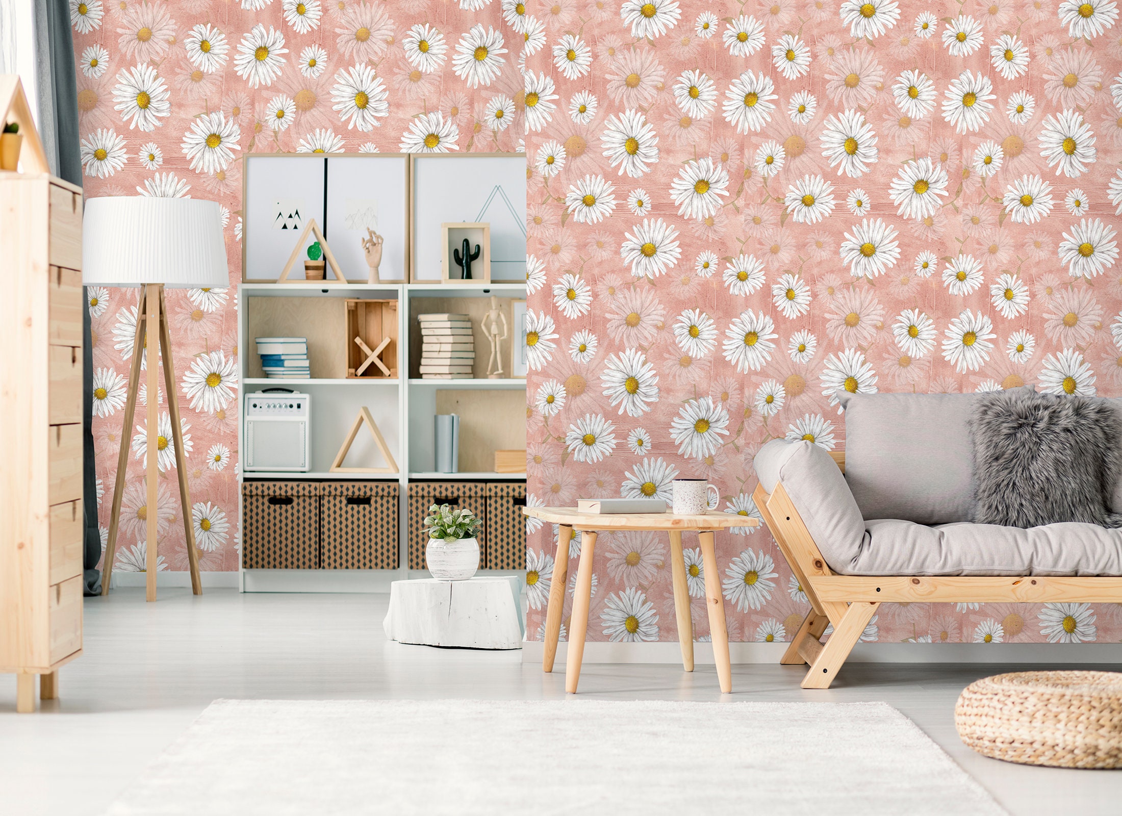 Pink Wallpaper With Daisies Pattern, White Camomille Flowers, Floral ...