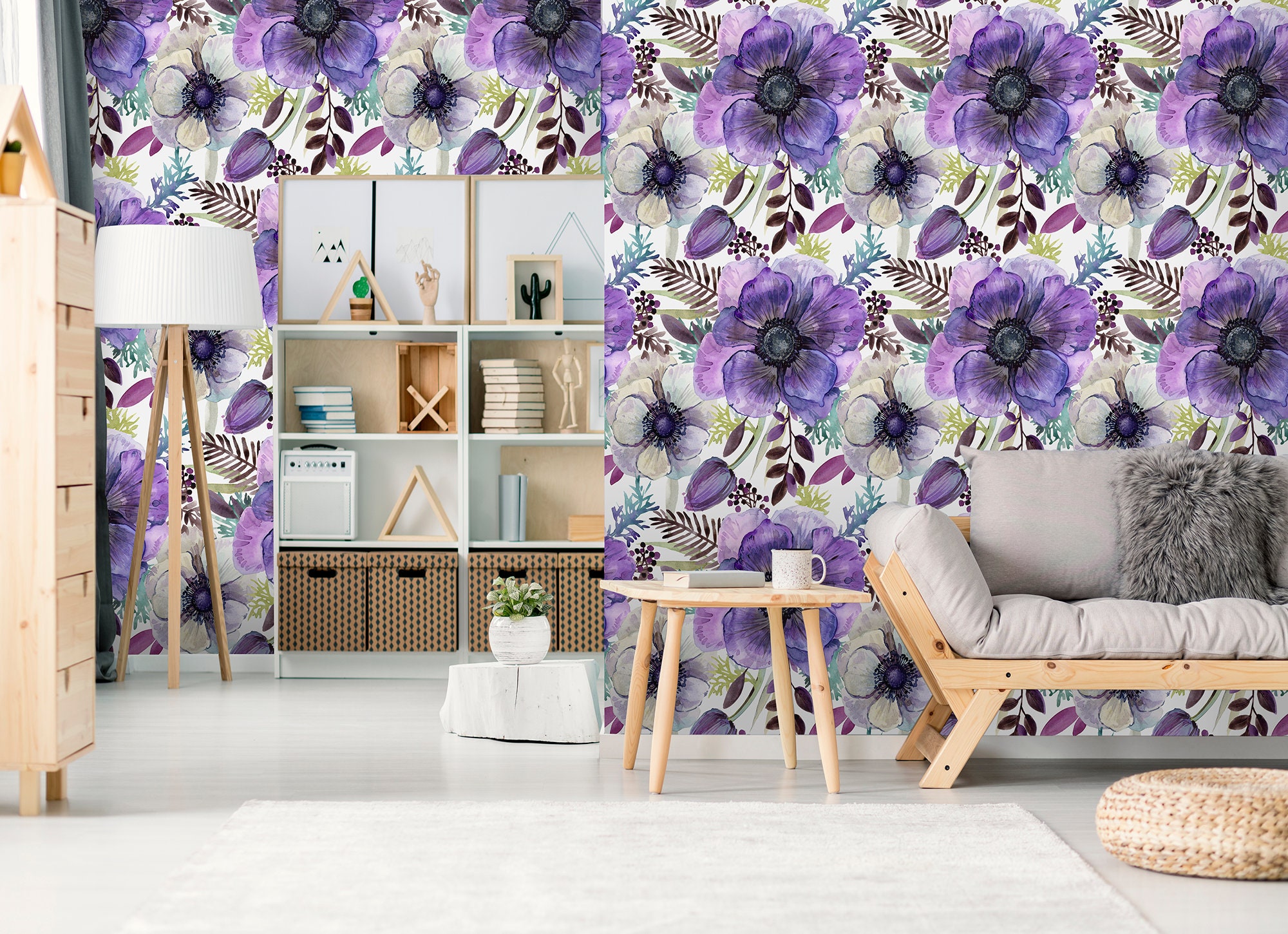 Violet Floral Wallpaper With Watercolor Flowers Floral Peel - Etsy