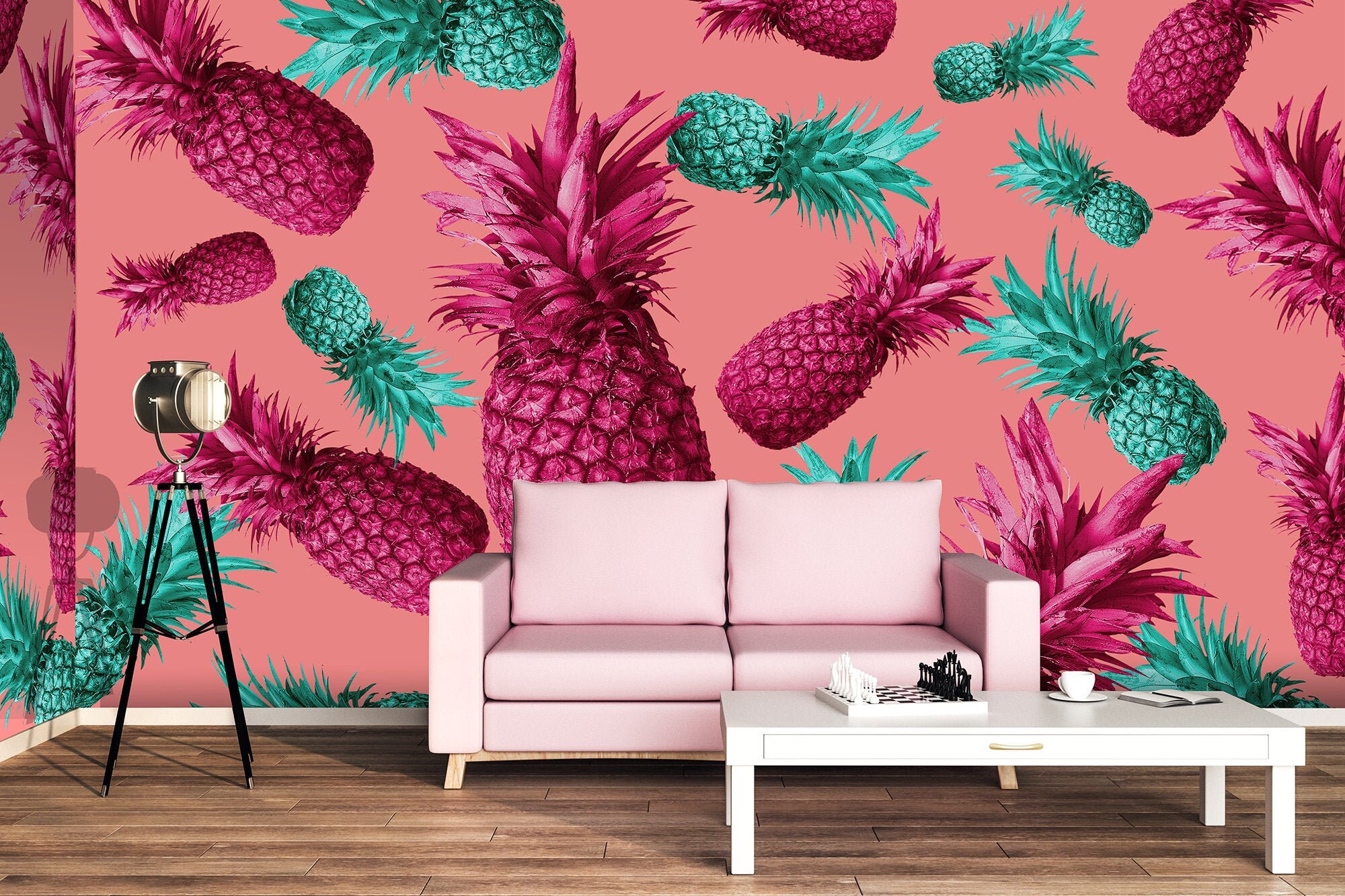 Funny Pink Photo Wallpaper With Pink and Mint Pineapples - Etsy