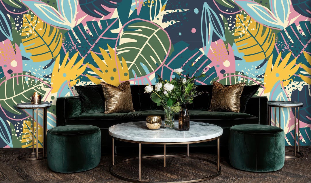 Tropical Pop Art Leaves Wallpaper, Bold Floral Wall Mural (peel and ...