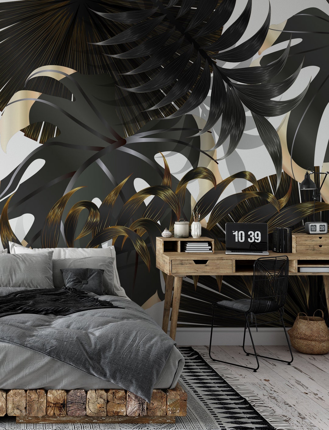 Botanical Art Wallpaper With Palm Leaves, Modern Wall Mural, Self ...