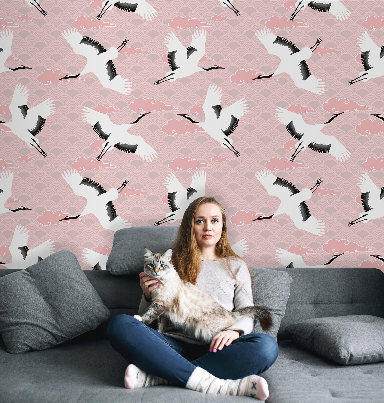 Cranes Clouds Pink Wallpaper, Kids Peel and Stick Wall Decor - Etsy