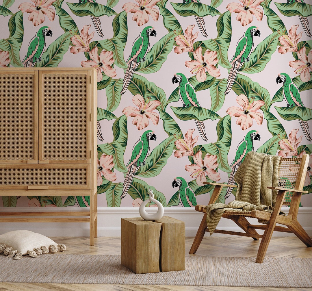 Tropical Floral Wallapepr, Bird, Green Palm Leaf, Parrot, Wall Mural ...