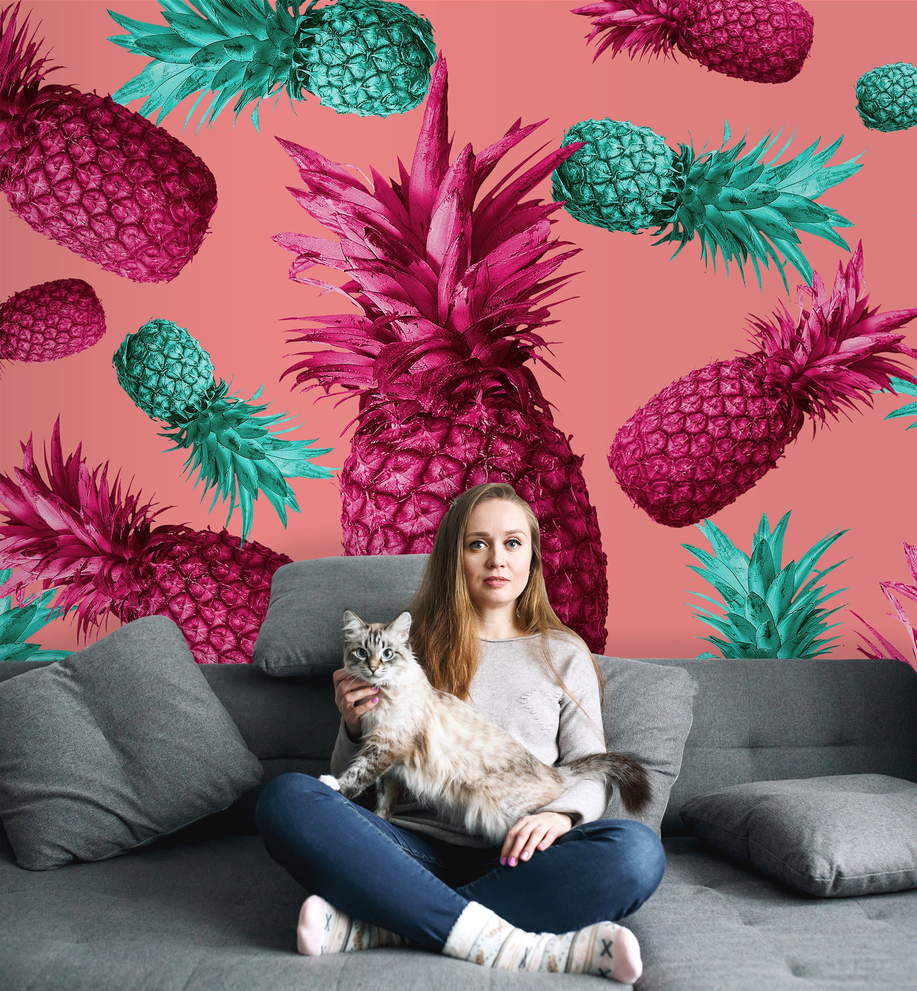 Funny Pink Photo Wallpaper With Pink and Mint Pineapples - Etsy