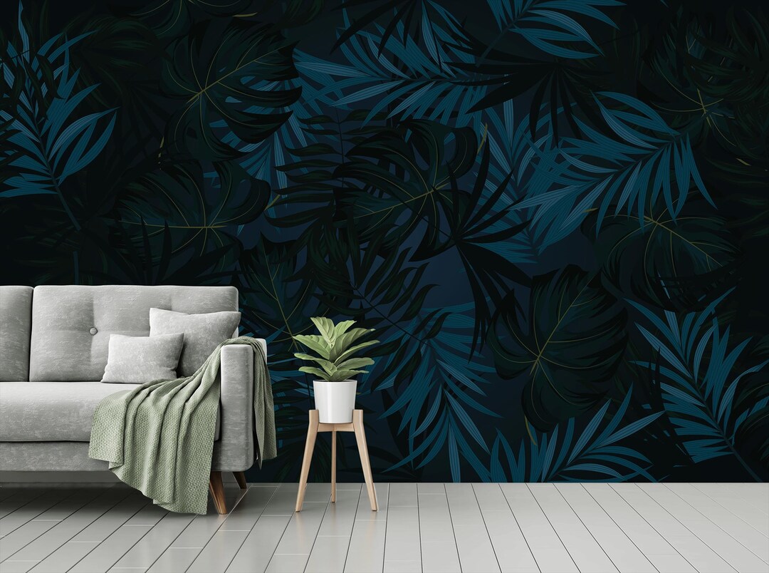 Dark Blue Tropical Leaves Wallpaper, Botanical Home Decor, Wall Art ...
