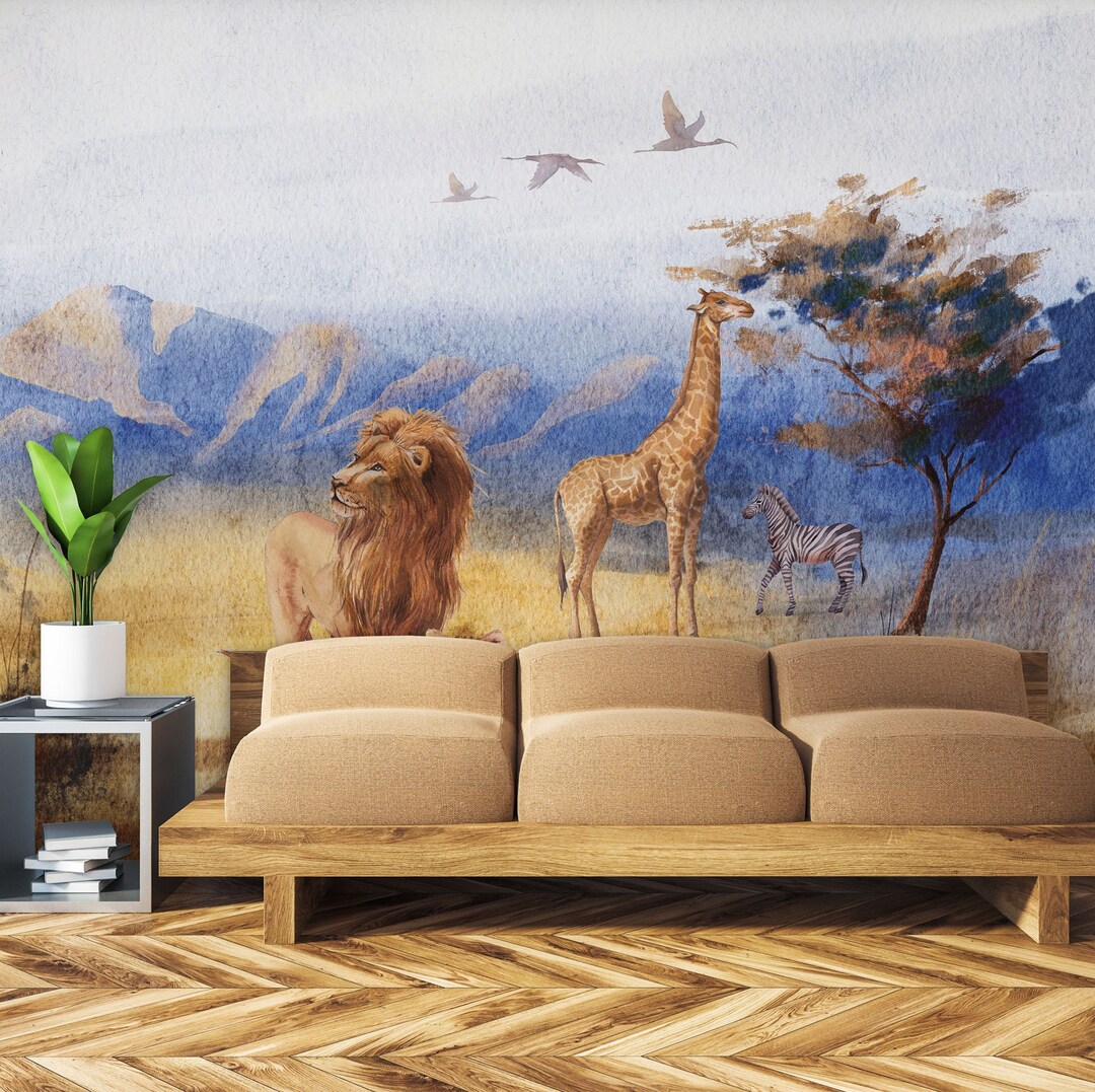 Watercolor Safari Landscape Wallpaper, African Savanna, Mountains ...