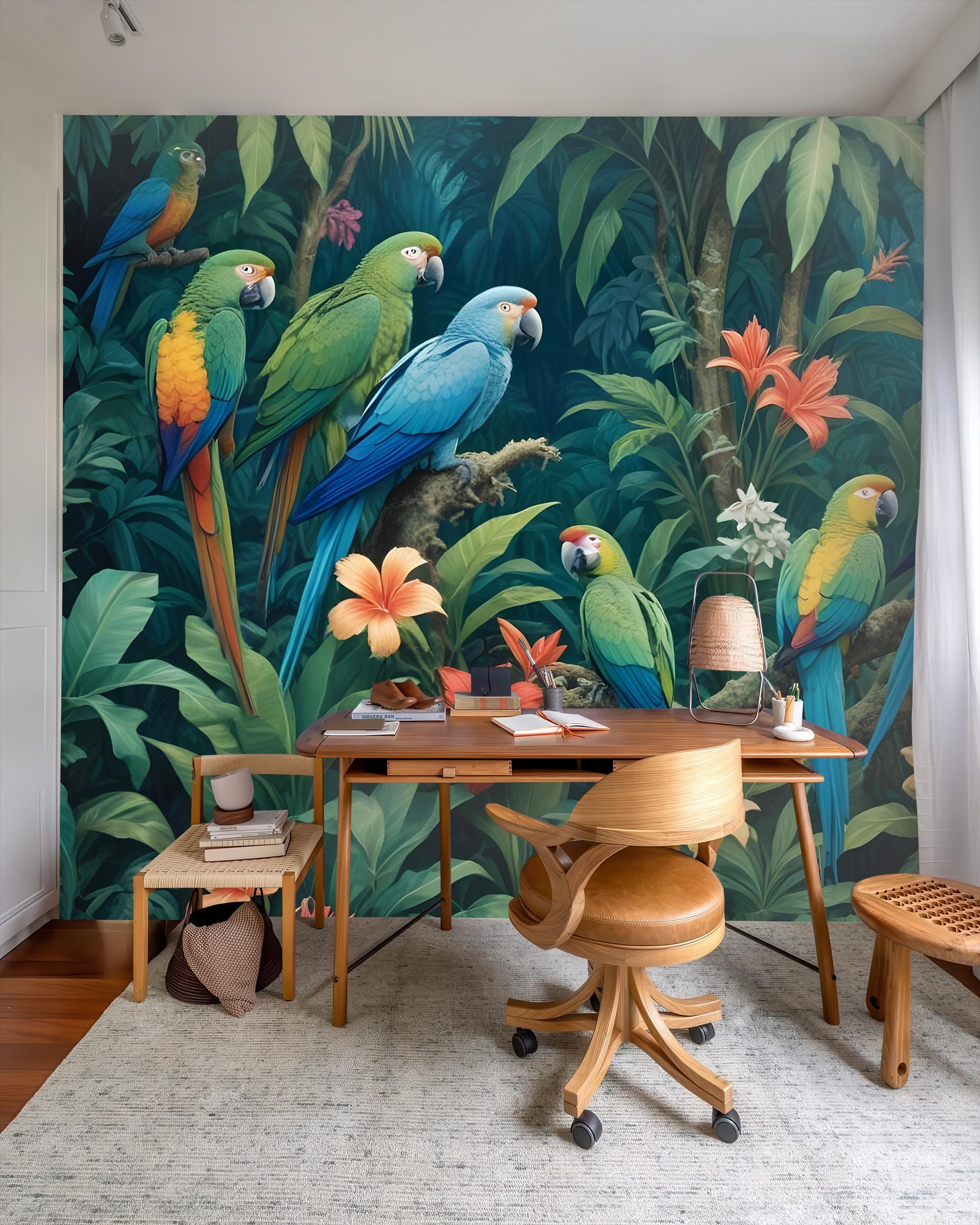 Tropical Parrot Wallpaper, Jungle Wall Mural, Wall Art, Home Decor ...