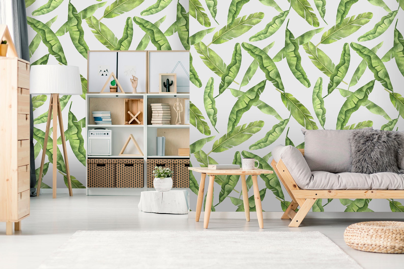 White Tropical Wallpaper With Green Watercolor Banana Leaves, Exotic ...