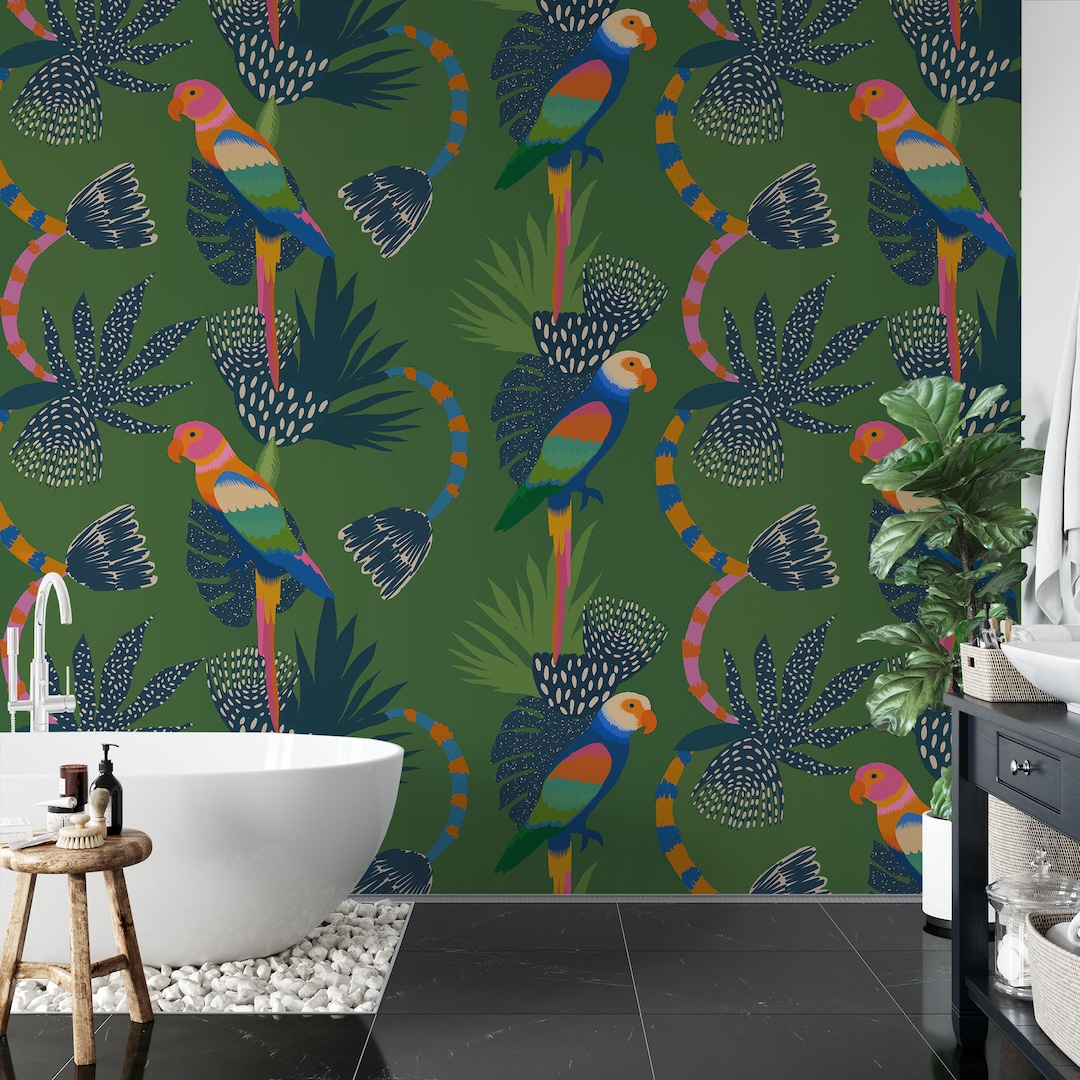 Exotic Abstract Tropical Wallpaper With Parrot, Removable, Wall Mural ...