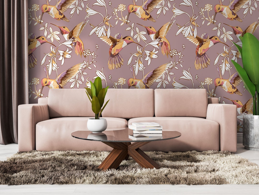 Buy Floral Wallpaper, Yellow Hummingbirds, Flowers and Herbs, Wall ...