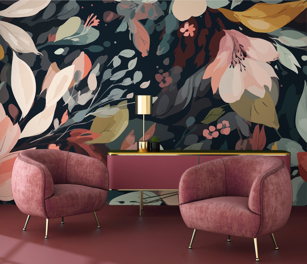 Floral Abstract Wallpaper, Flowers and Leaves, Wall Mural, Removable ...