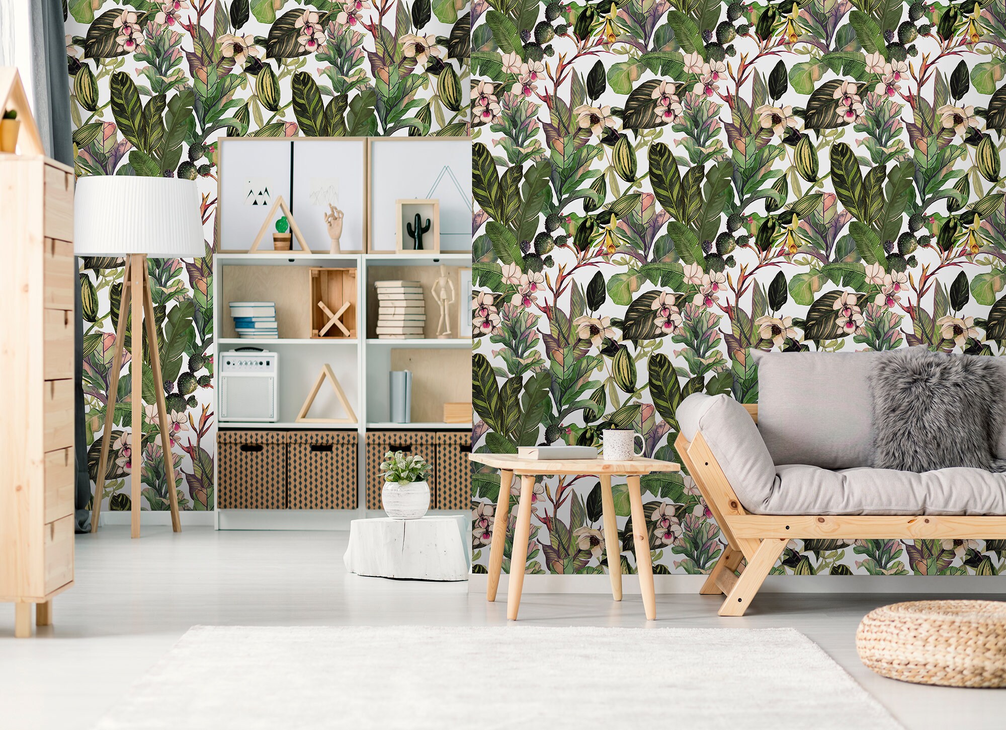Tropical Plants and Leaves Wallpaper With Cactuses and - Etsy