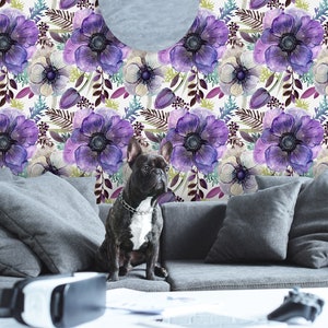 Violet Floral Wallpaper With Watercolor Flowers, Floral Peel and Stick ...