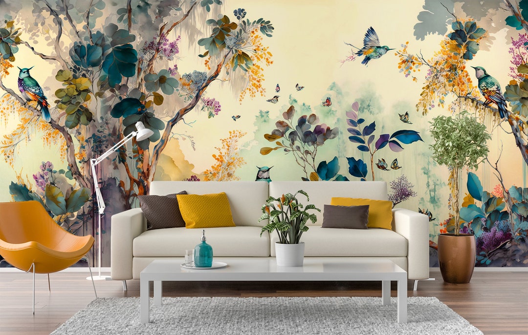 Watercolor Wallpaper, Forest Landscape With Birds, Wall Mural ...
