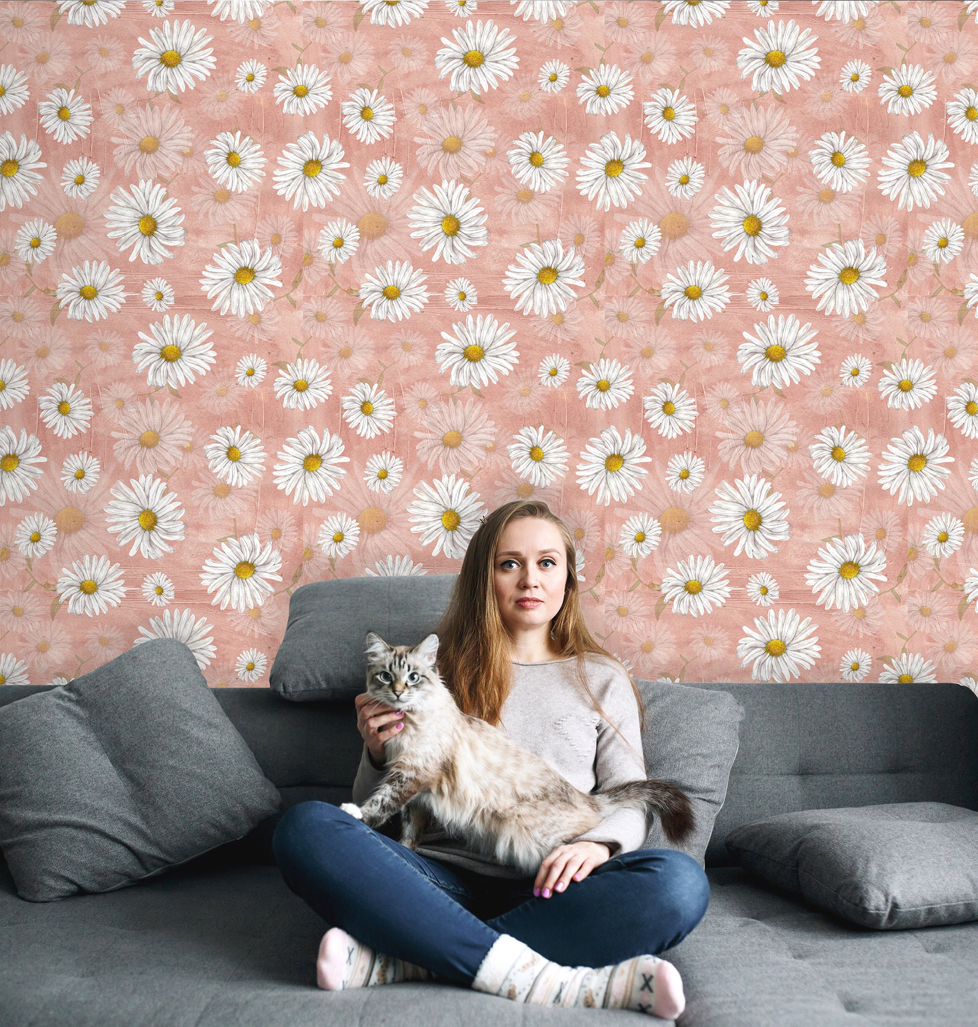 Pink Wallpaper With Daisies Pattern, White Camomille Flowers, Floral ...