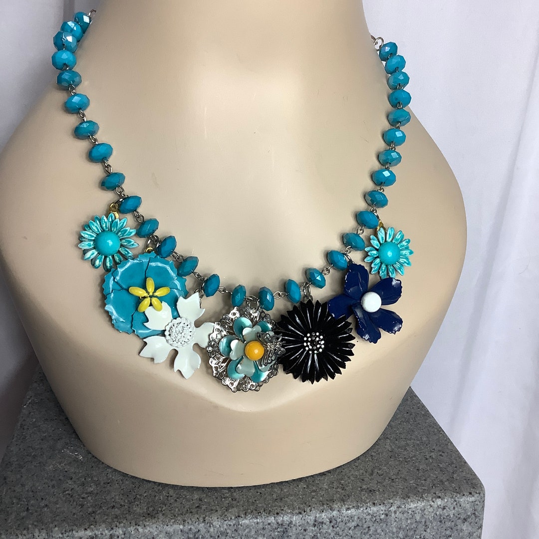 Blue Flower Assemblage Necklace Floral Vintage OOAK Unique Repurposed ...