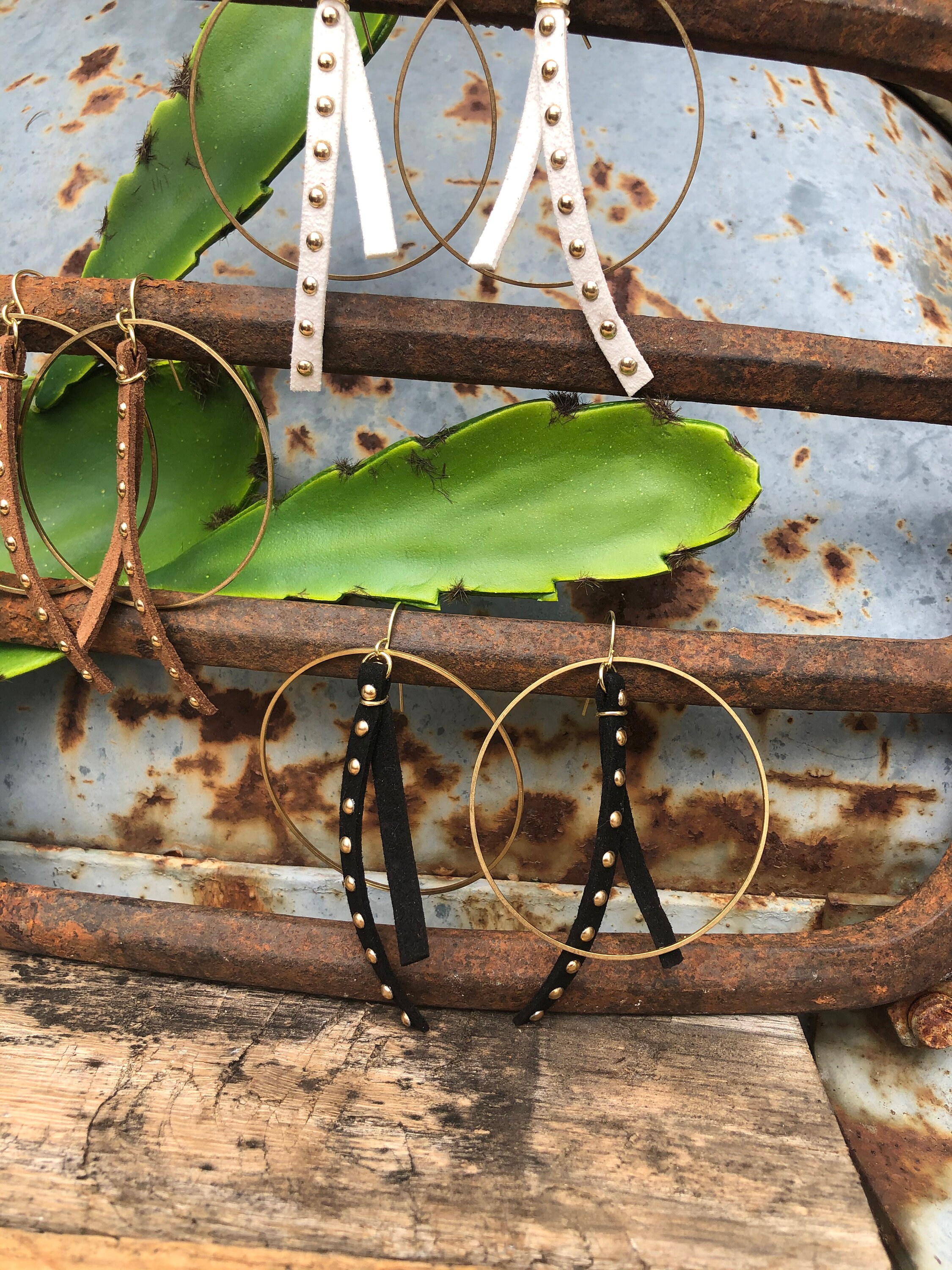 Delicate Studded Leather Loop and Hoop, Leather, Summer Earrings, White ...