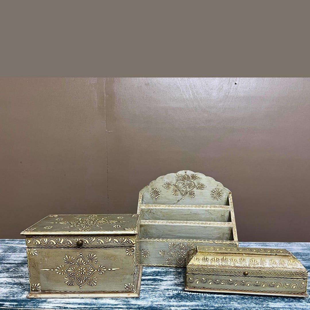 Wooden Solid Box Set With Hand-painted Embossed Work - Jewelry Box ...