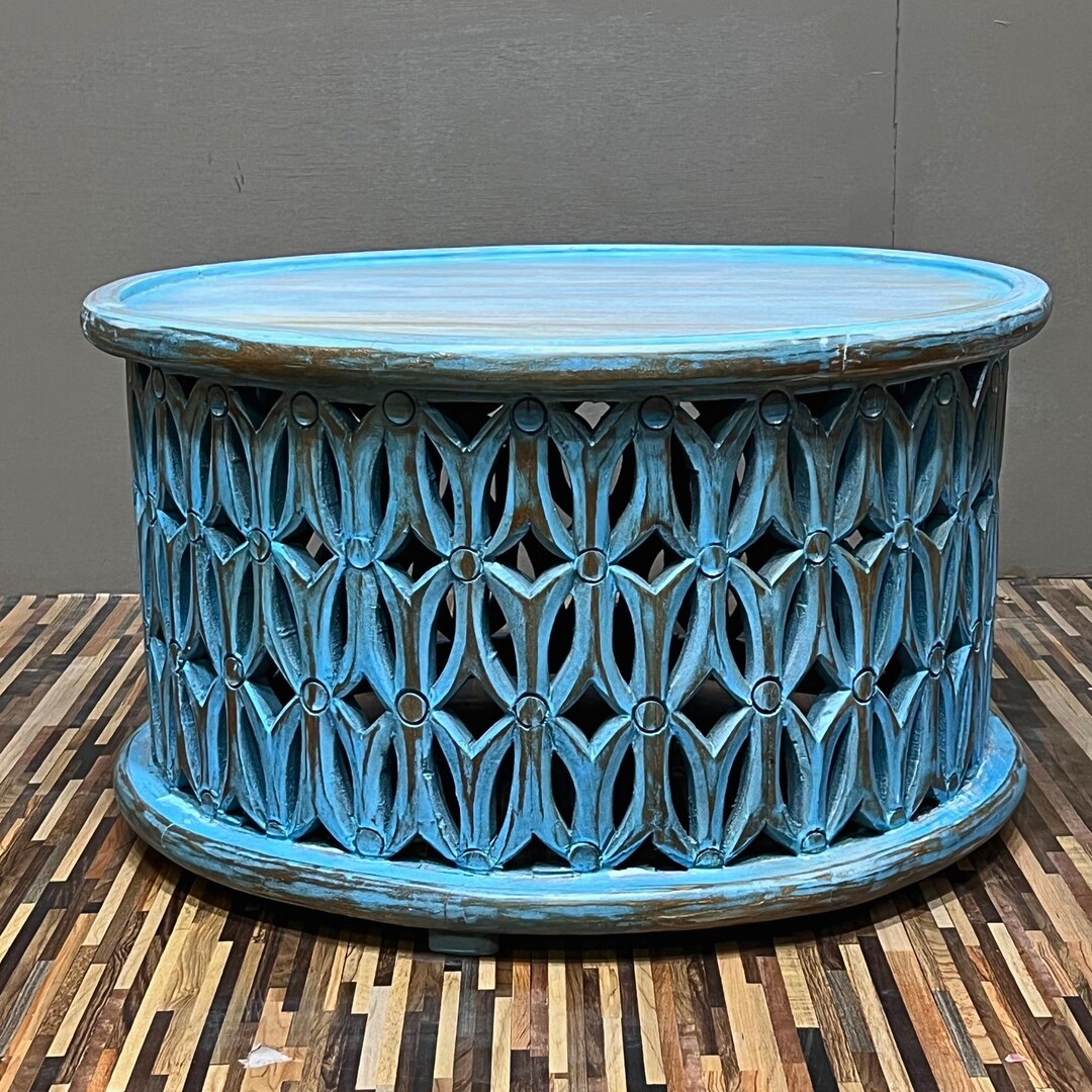 Round Wood Coffee Table - Curved Raw Mango Lattice, Handmade Solid Wood ...