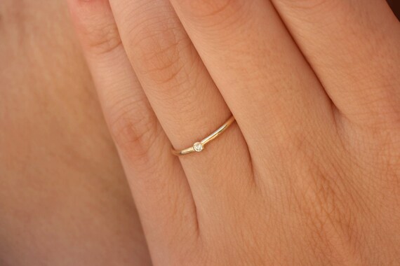 Solid Gold Band Ring with Single Diamond Elegant Thin Gold Ring with Dainty Diamond Etsy