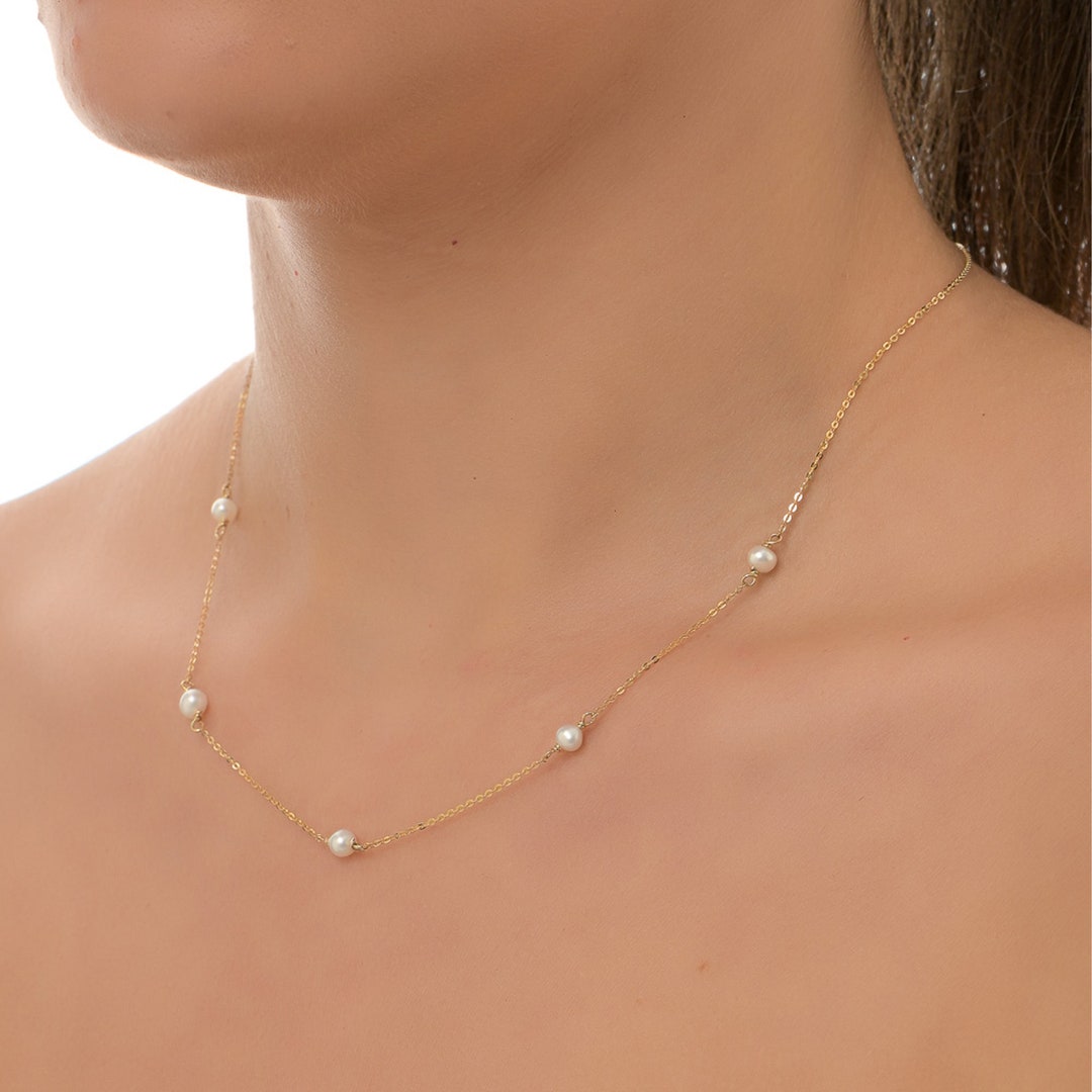 Dainty Solid Gold Pearl Necklace: Minimalist 9K 14K 18K Jewelry - Etsy