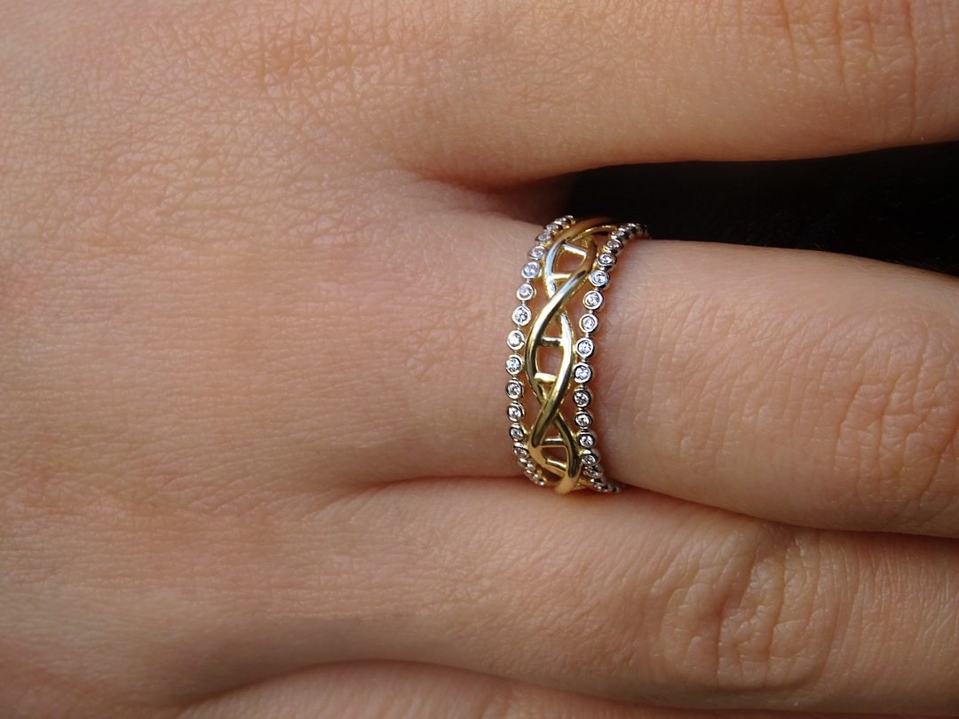 Solid Gold DNA Helix Ring | K14 Cubic Zirconia Band | Minimalist Science Jewelry - Etsy