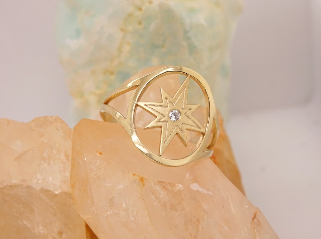 Solid Gold 9K-14K-18K North Star Ring, Compass Navigation Ring ...
