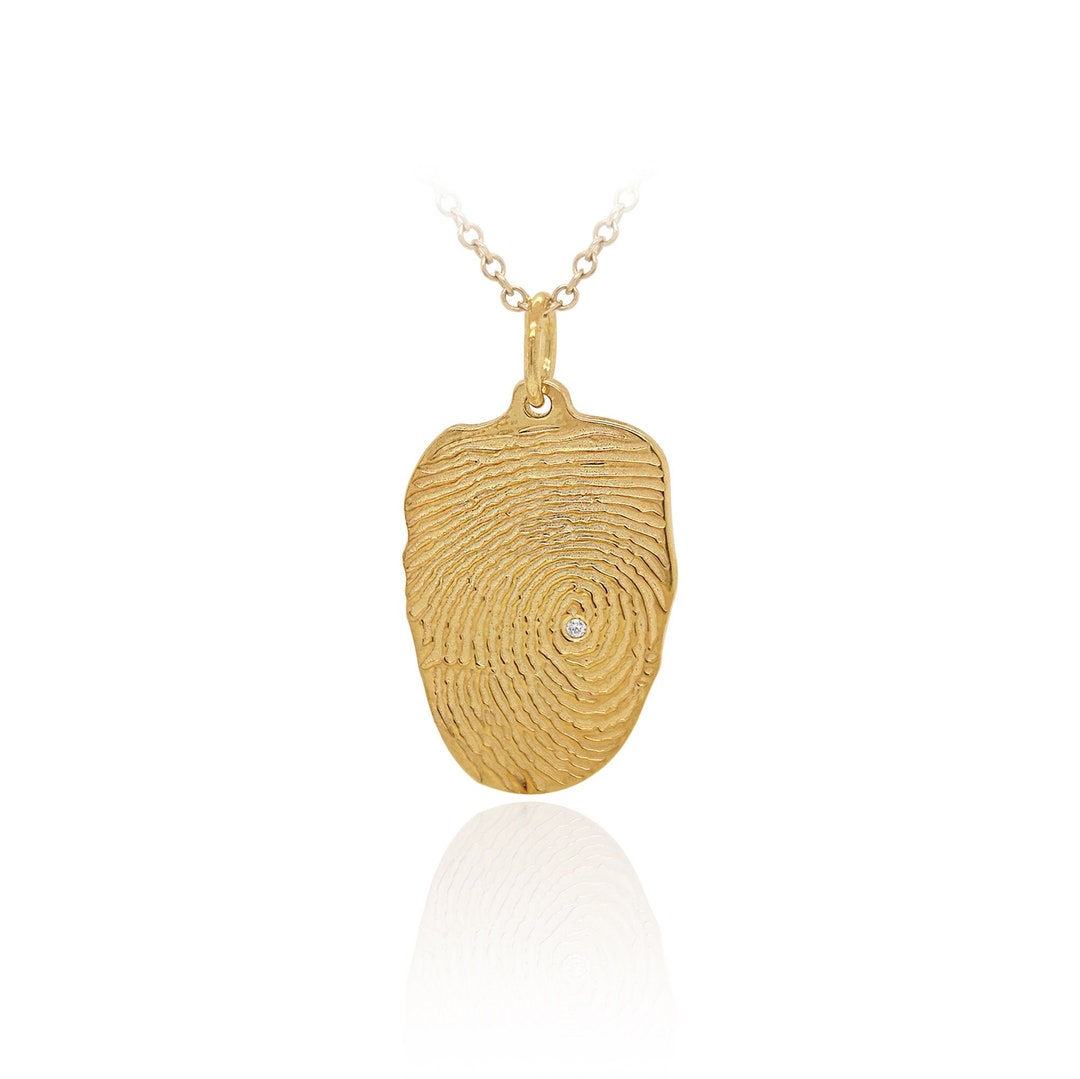 Solid Gold Fingerprint Necklace With Diamond, Custom Rectangle Pendant ...