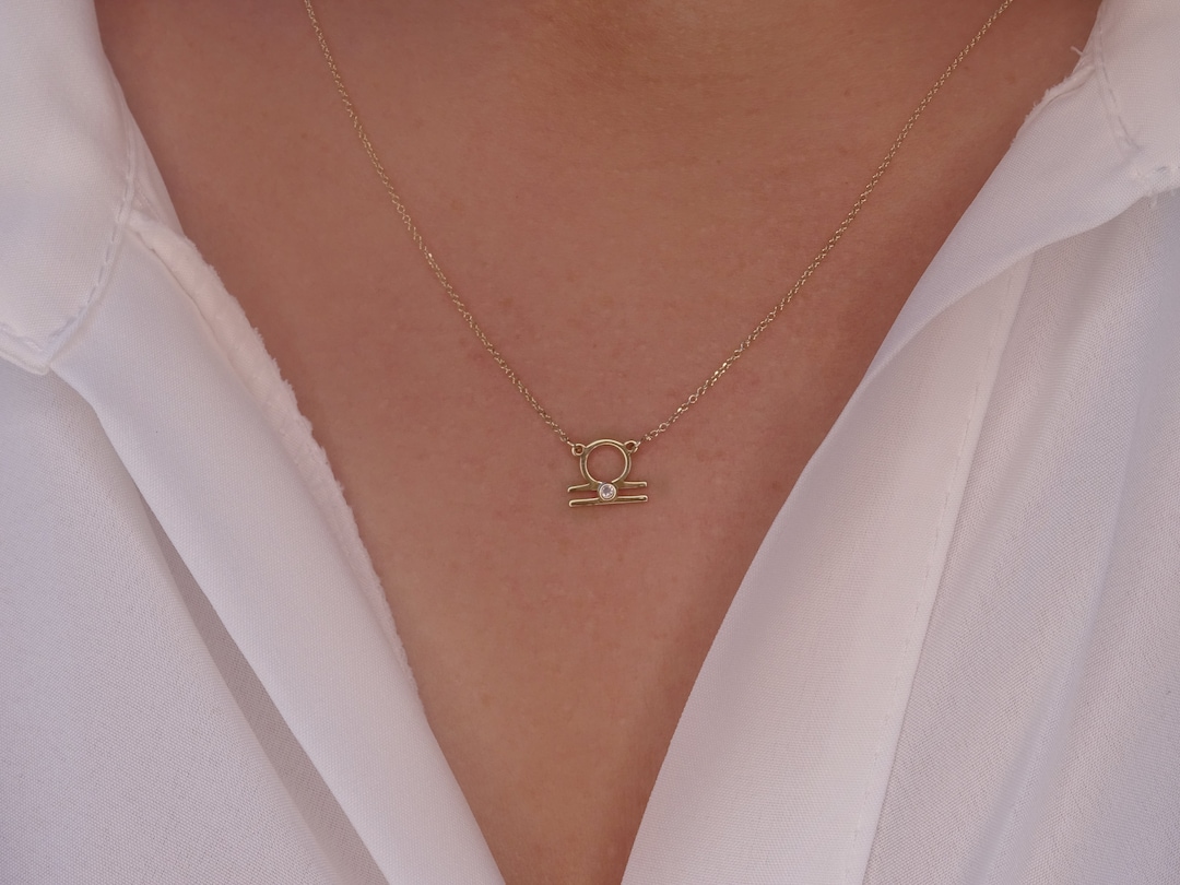 Solid Gold Libra Zodiac Diamond Necklace K9, 14K, 18K, Libra Pendant ...