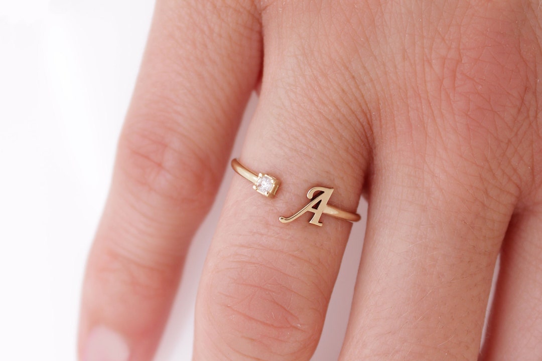 Solid Gold Diamond Initial Ring, Gold Custom Letter Ring, Gold K14 Diamond Ring, Custom Diamond ...
