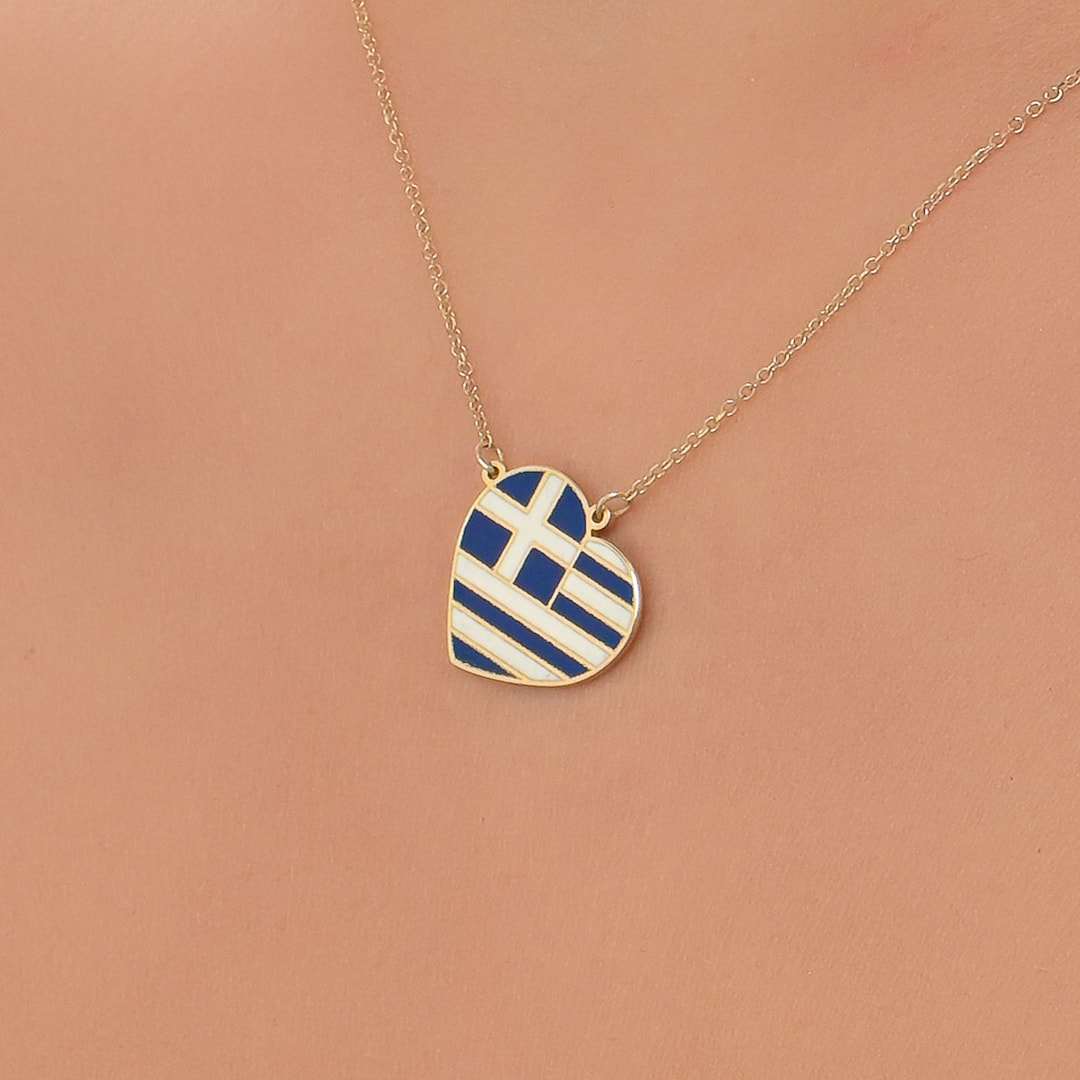 Solid Gold 9K-14K-18K Heart Necklace With Greek Flag, Charmed Jewelry ...