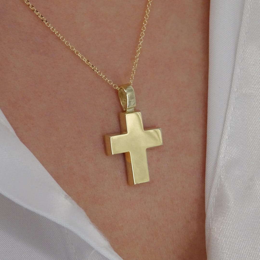 Solid Gold Cross Pendant, Minimal Chunky Cross for Men, Religious ...
