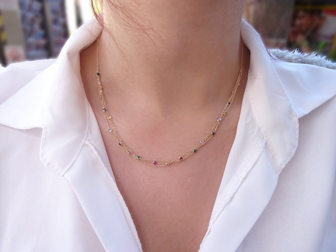 Solid Gold Multicolor Necklace 14K, Colorful Zircon Necklace 9K ...