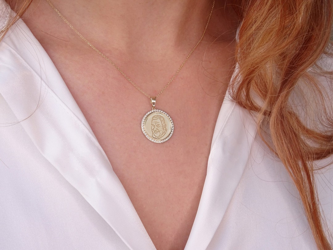Silver Fingerprint Disc Necklace With Gemstones, Silver Photo Engraved ...