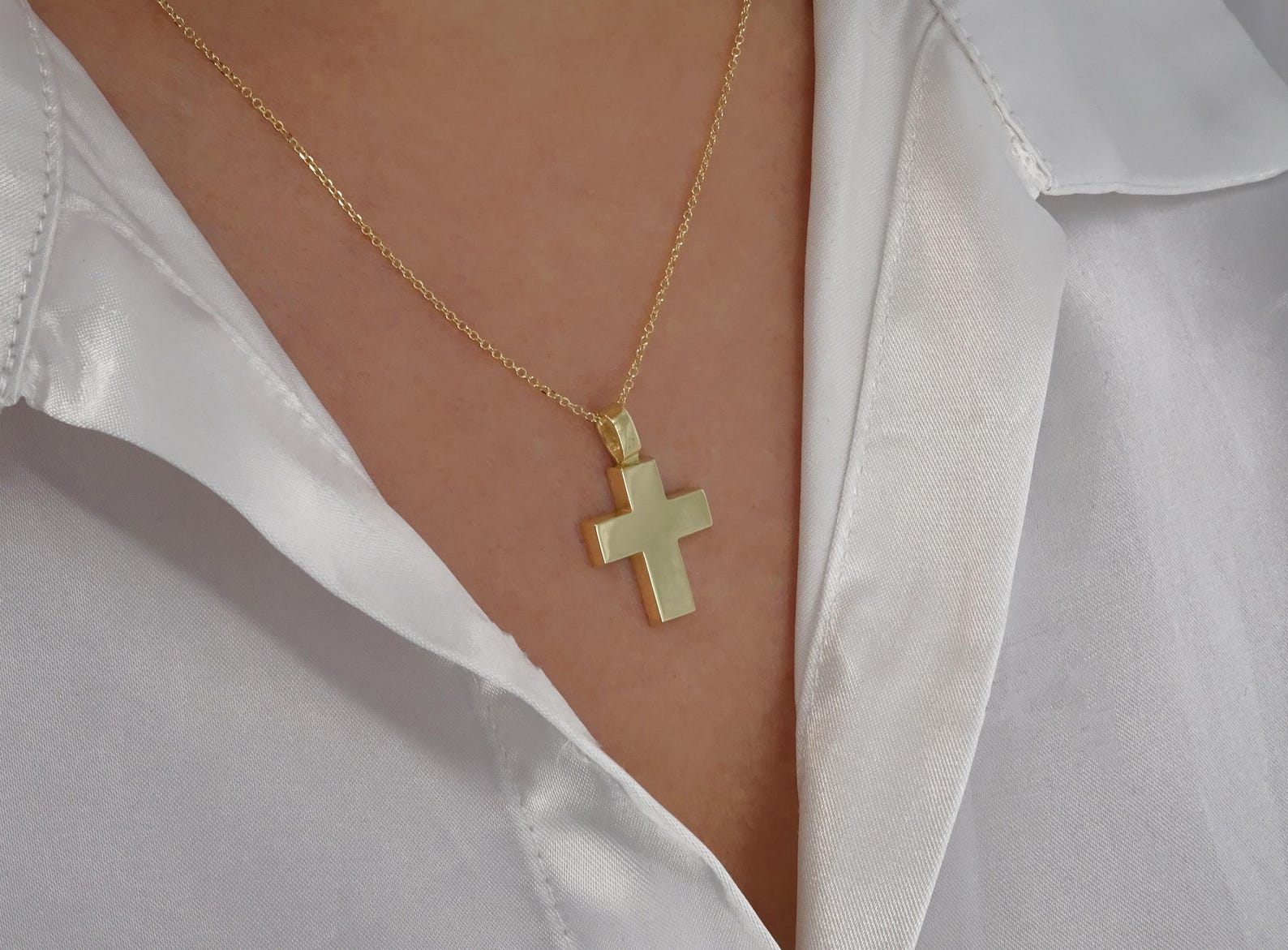 Solid Gold Cross Pendant, Minimal Chunky Cross for Men, Religious ...