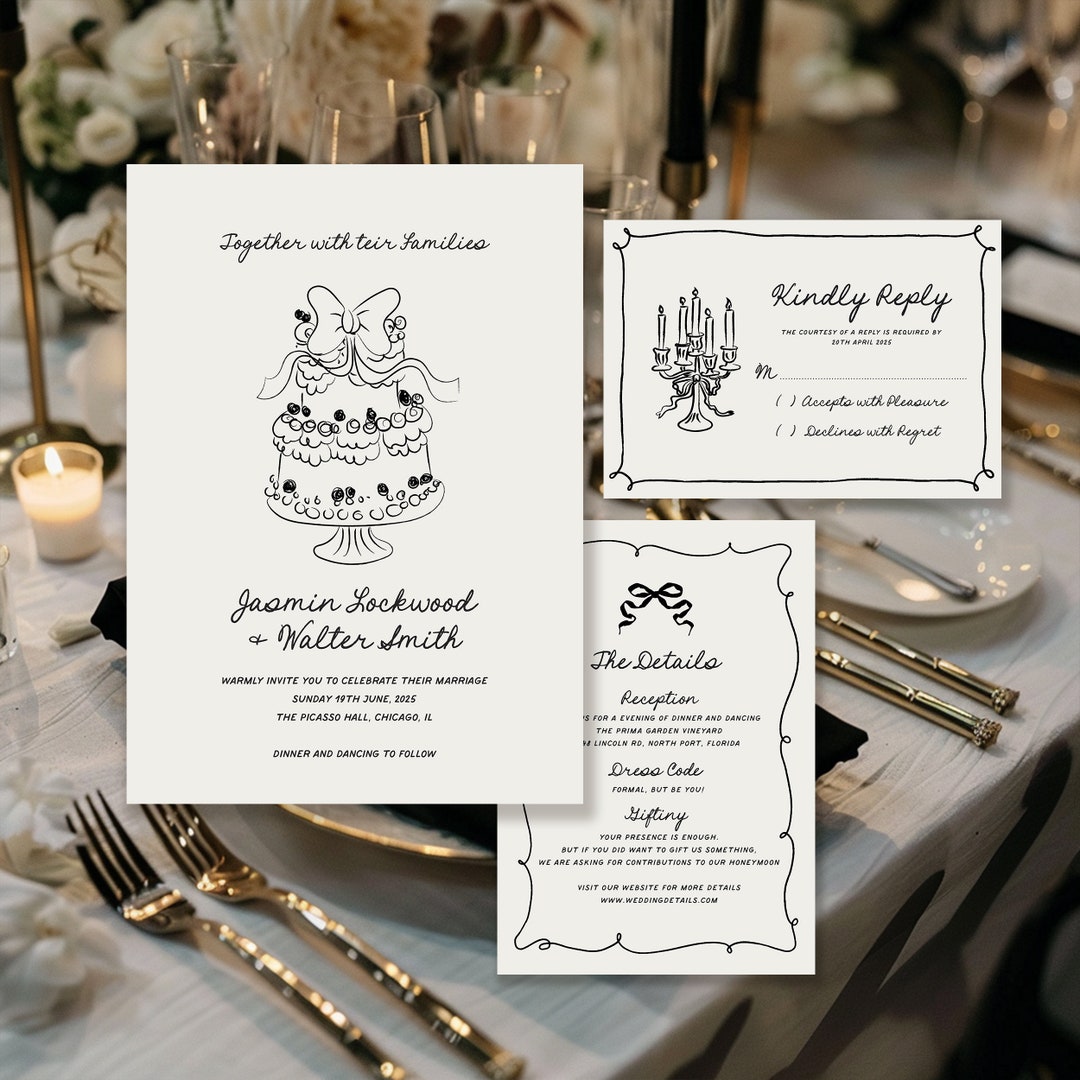 Hand Drawn Wedding Invitation Set Template, Whimsical Wedding Invites ...