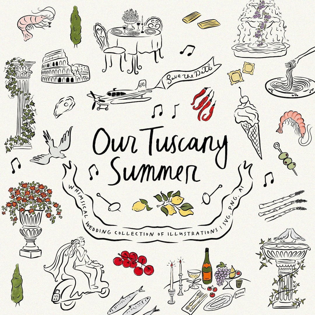 Whimsical Hand-drawn Tuscany Clipart, Dolce Vita Wedding SVG Clipart ...