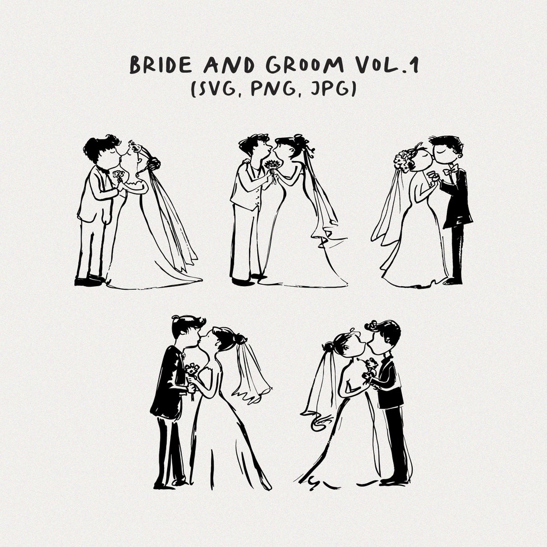 Whimsical Wedding Couple Clipart: Hand-drawn Bride and Groom (SVG, PNG ...