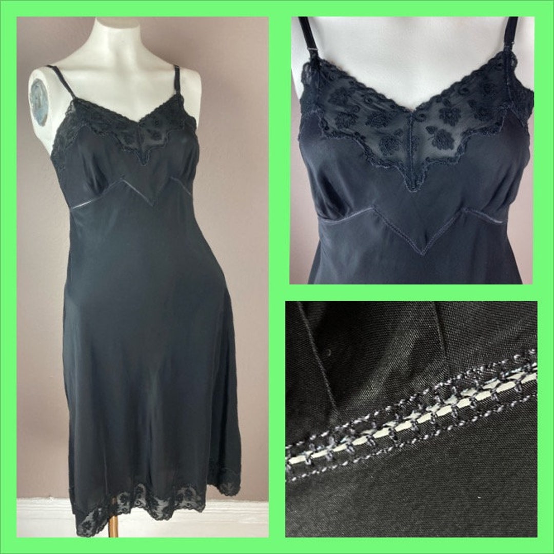 1950s Black Rayon Satin and Lace Slip - Etsy