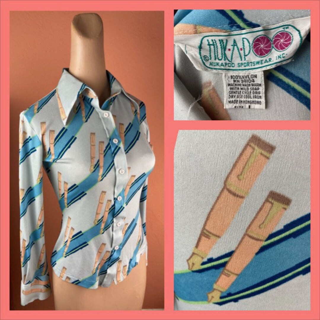 1970s Huk-a-poo Fountain Pen Print Nylon Blouse Small - Etsy
