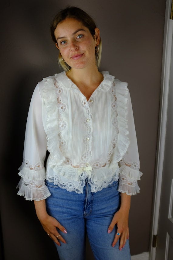 1960s Cream Neo-Edwardian Blouse with Ruffles and Lace - Gem