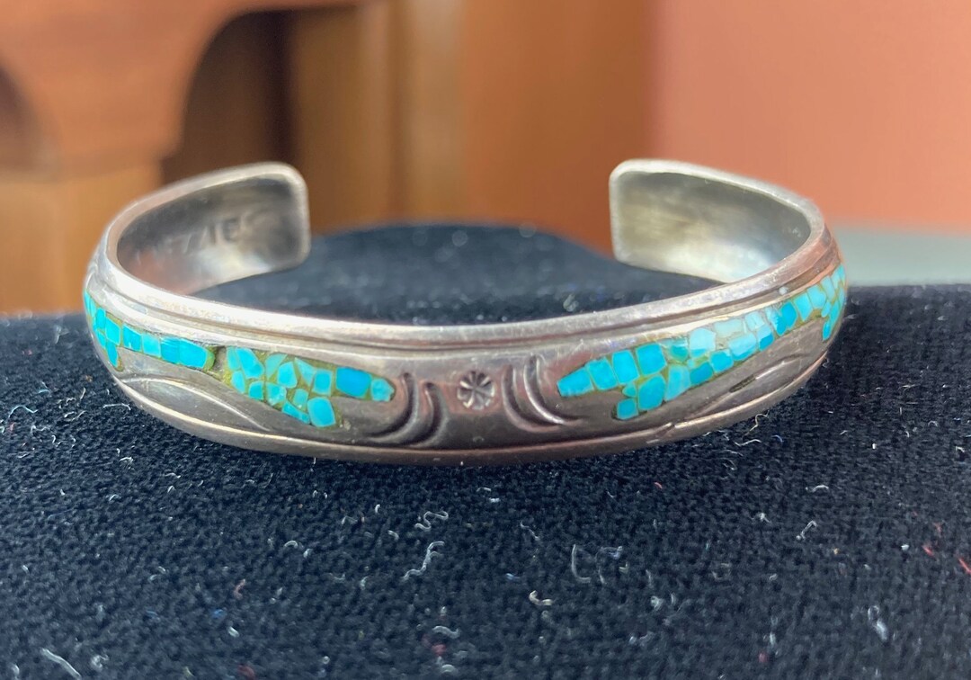 Navajo Signed J Nezzie Silver and Turquoise Inlay Cuff Native American ...