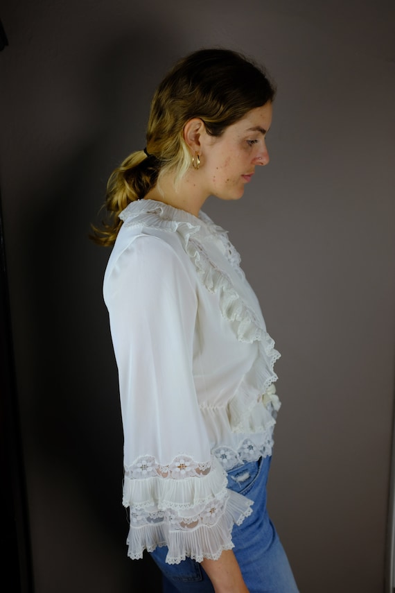 1960s Cream Neo-Edwardian Blouse with Ruffles and Lace - Gem