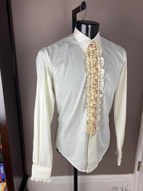 1970s After Six Tall Man Yellow Ruffled Tuxedo Shirt … - Gem