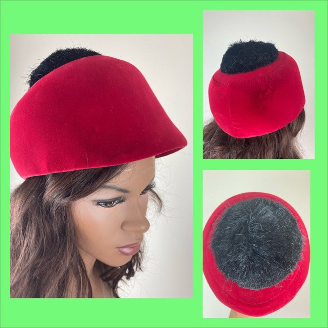 1960s Mod Red Velvet Hat With Black Pompom - Etsy