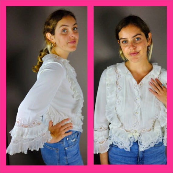 1960s Cream Neo-Edwardian Blouse with Ruffles and Lace - Gem