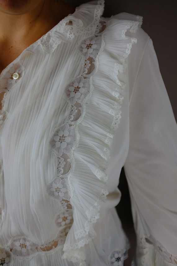 1960s Cream Neo-Edwardian Blouse with Ruffles and Lace - Gem